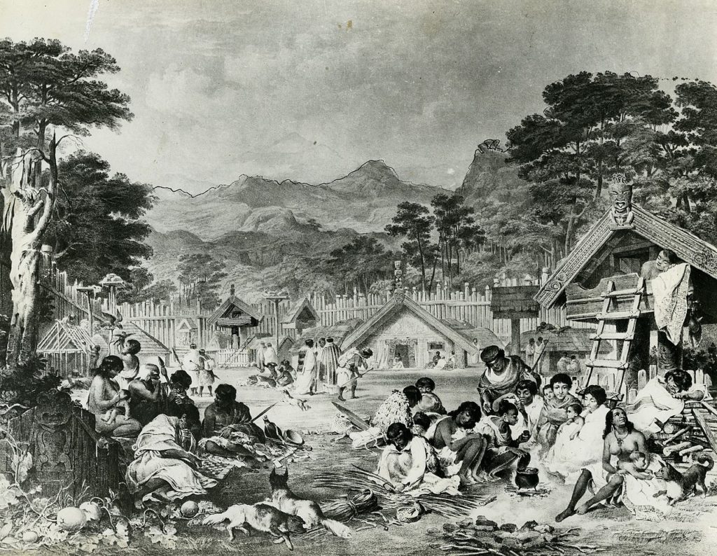 Putiki_Pā,_ on the Whanganui River in 1850, based on a now-lost oil ...